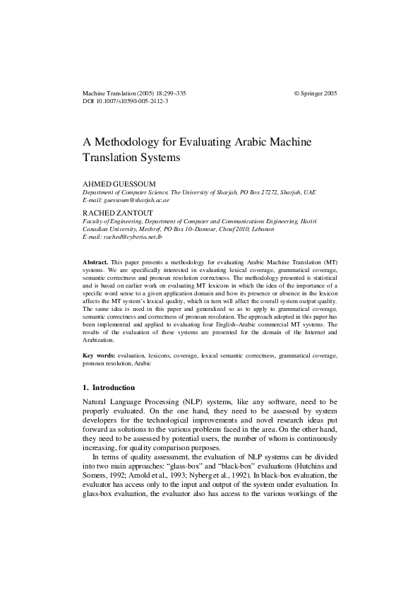 (PDF) A Methodology for Evaluating Arabic Machine Translation Systems