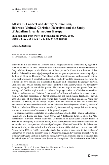 (PDF) Allison P. Coudert and Jeffrey S. Shoulson, Hebraica Veritas ...