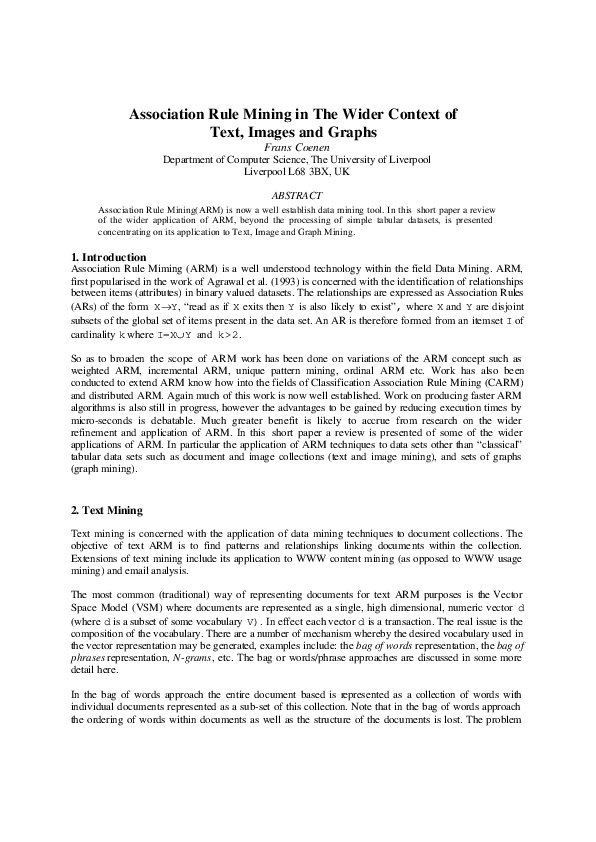 (PDF) Association Rule Mining in The Wider Context of Text, Images and Graphs