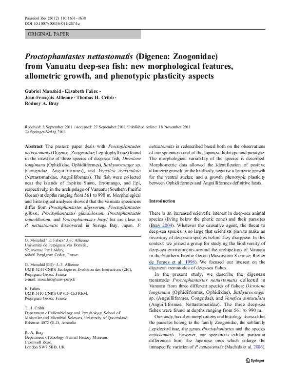 (PDF) Proctophantastes nettastomatis (Digenea: Zoogonidae) from Vanuatu ...
