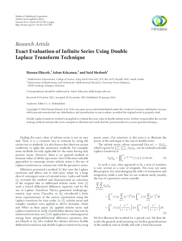 Pdf Exact Evaluation Of Infinite Series Using Double Laplace