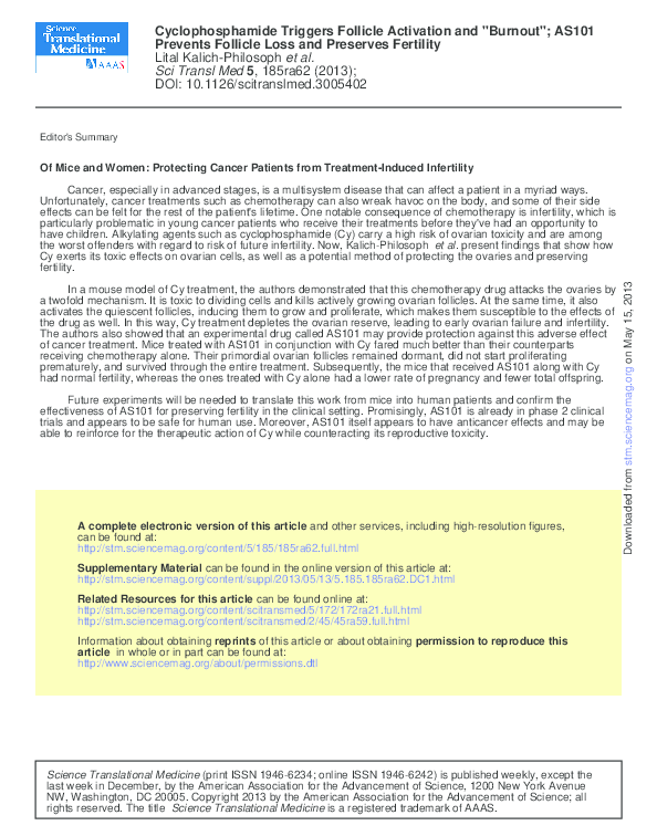 (PDF) Cyclophosphamide Triggers Follicle Activation and "Burnout"; AS101 Prevents Follicle Loss ...