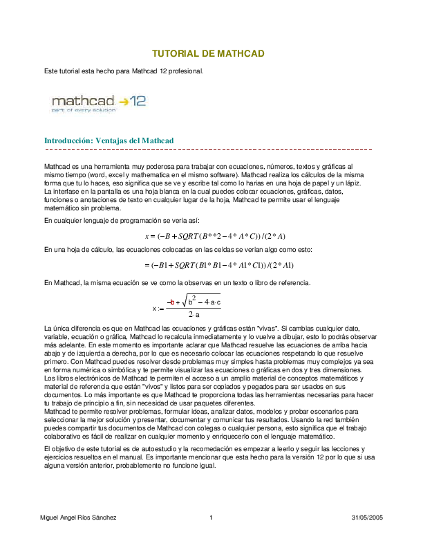 (PDF) Introducción: Ventajas del Mathcad