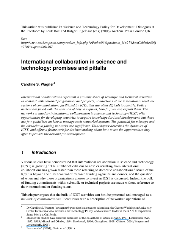 (PDF) International collaboration in science and technology: Promises ...
