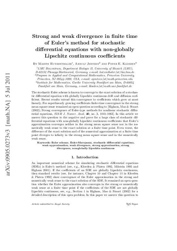 Pdf Strong And Weak Divergence In Finite Time Of Eulers Method For