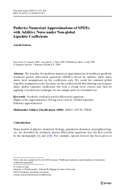 Pdf Pathwise Numerical Approximations Of Spdes With Additive Noise Under Non Global Lipschitz
