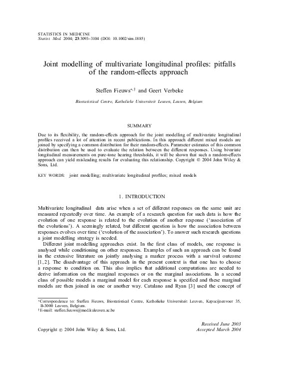 Pdf Joint Modelling Of Multivariate Longitudinal Profiles Pitfalls Of The Random‐effects Approach