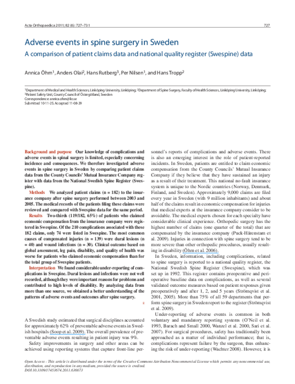 (PDF) Adverse events in spine surgery in Sweden