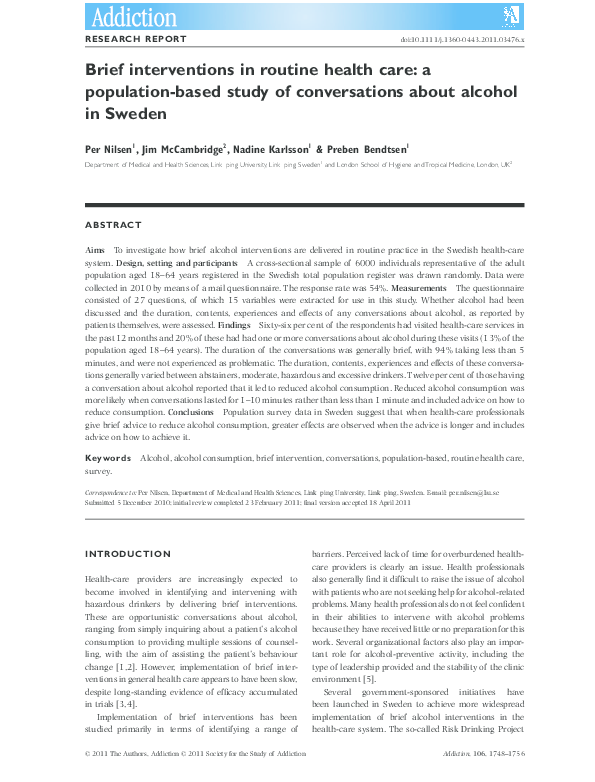 (PDF) Brief interventions in routine health care: a population-based study of conversations ...