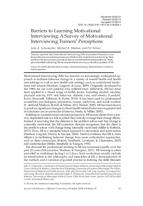 (PDF) Barriers to Learning Motivational Interviewing: A Survey of ...