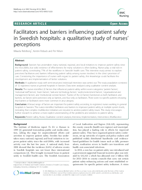 (PDF) Facilitators and barriers influencing patient safety in Swedish hospitals: a qualitative ...