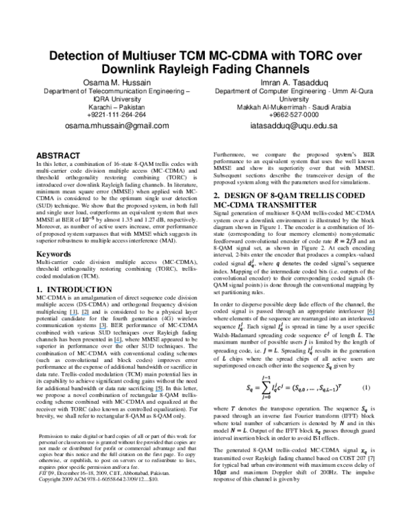 (PDF) Detection of multiuser TCM MC-CDMA with TORC over downlink Rayleigh fading channels