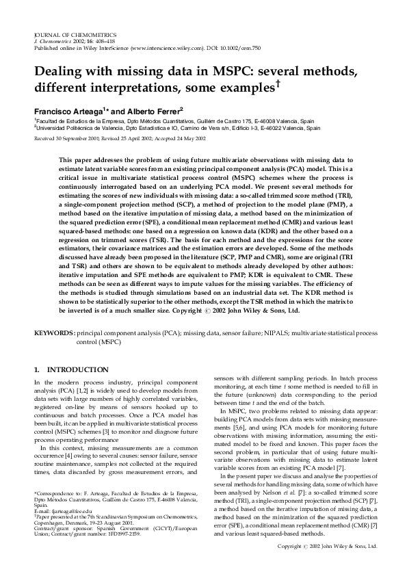 (PDF) Dealing with missing data in MSPC: several methods, different interpretations, some examples