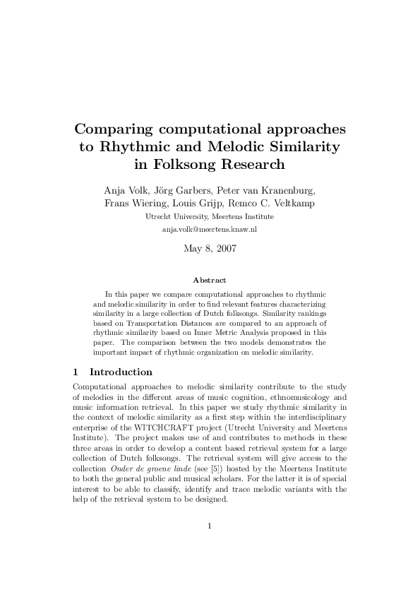 (PDF) Comparing Computational Approaches to Rhythmic and Melodic Similarity in Folksong Research