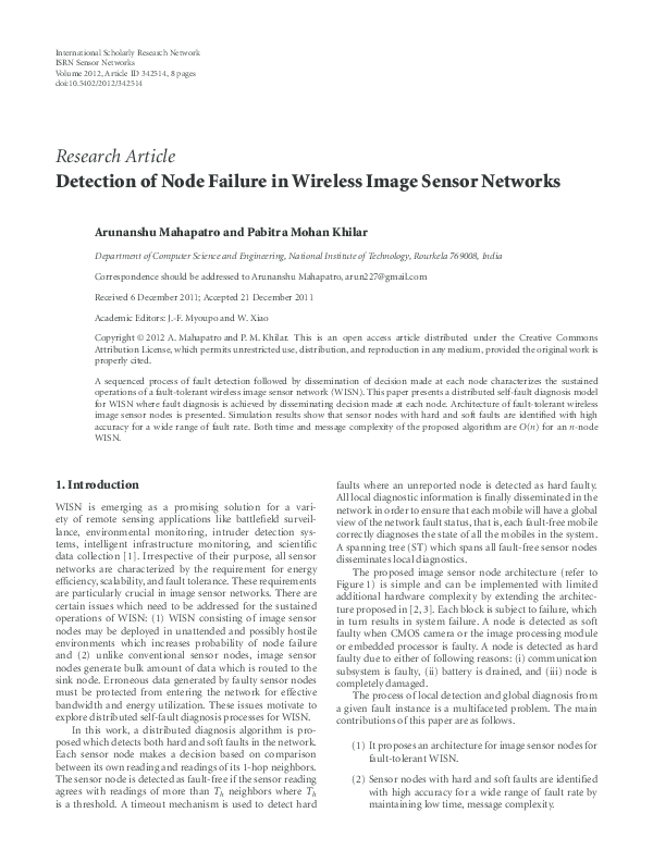(PDF) Detection of Node Failure in Wireless Image Sensor Networks