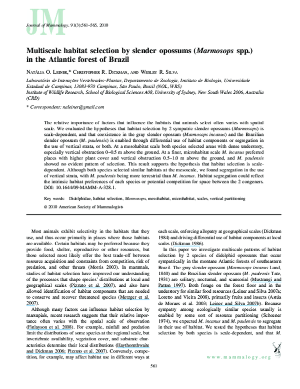 (PDF) Multiscale habitat selection by slender opossums (Marmosops spp ...