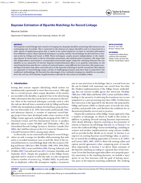 Pdf Bayesian Estimation Of Bipartite Matchings For Record Linkage