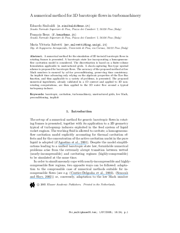 (PDF) 3D Barotropic Flow Simulation in Turbomachinery