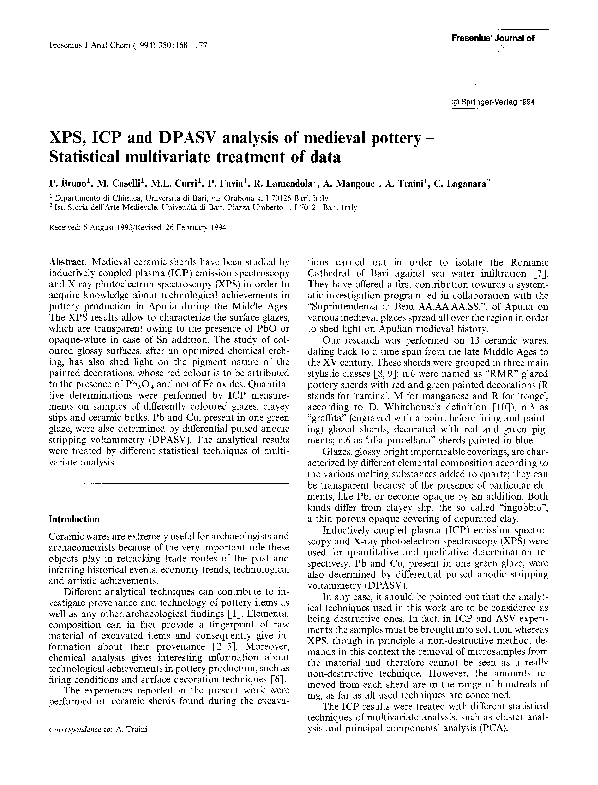 (PDF) XPS, ICP and DPASV analysis of medieval pottery — Statistical ...