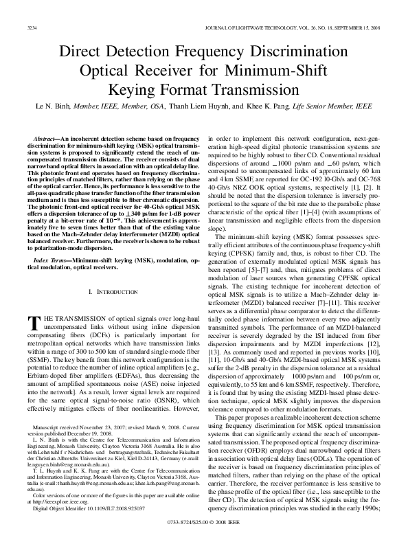 Pdf Direct Detection Frequency Discrimination Optical Receiver For Minimum Shift Keying Format