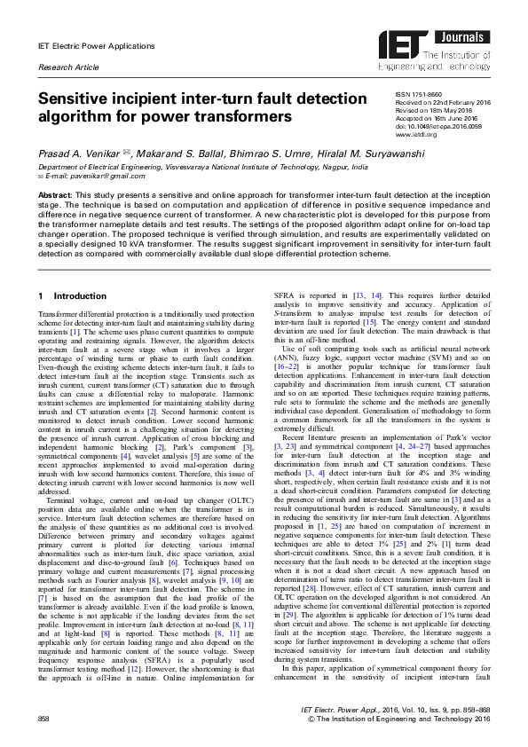 Pdf Sensitive Incipient Inter Turn Fault Detection Algorithm For Power Transformers