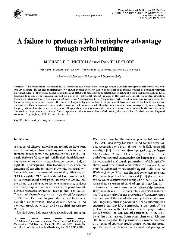 (PDF) Verbal Priming Fails to Create Left Hemisphere Advantage