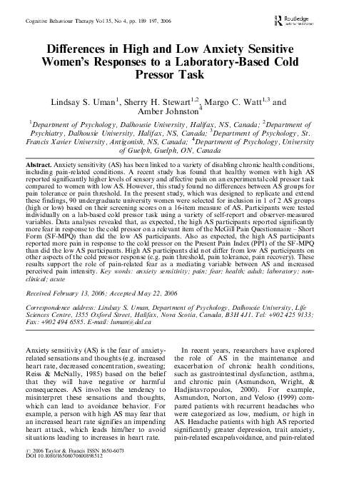 (PDF) Differences in High and Low Anxiety Sensitive Women's Responses ...