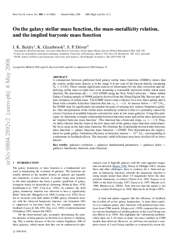 (PDF) On the galaxy stellar mass function, the massmetallicity relation and the implied baryonic ...