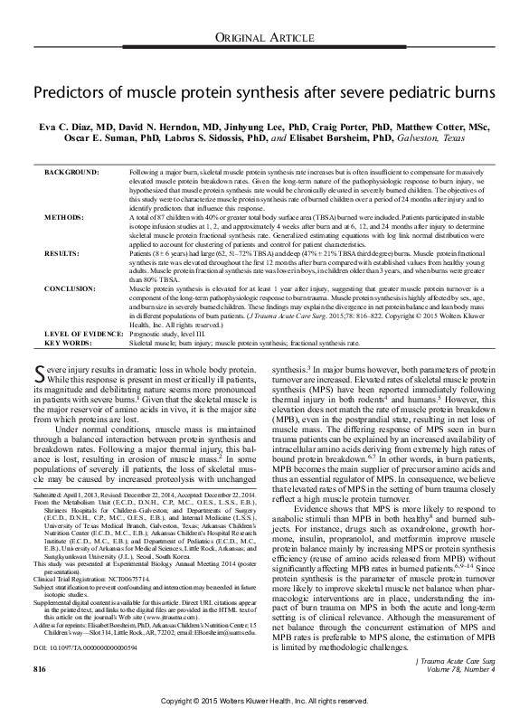 (PDF) Predictors of muscle protein synthesis after severe pediatric burns