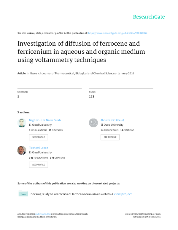 (PDF) Investigation of diffusion of ferrocene and ferricenium in aqueous and organic medium ...