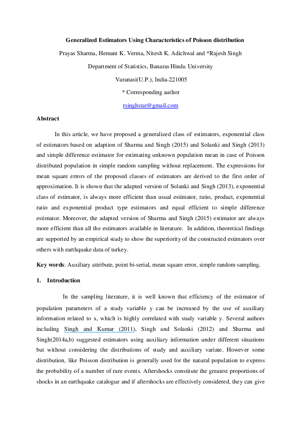 (PDF) Generalized Estimators Using Characteristics of Poisson Distribution