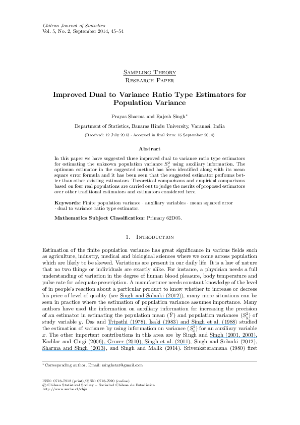 Pdf Improved Dual To Variance Ratio Type Estimators For Population Variance