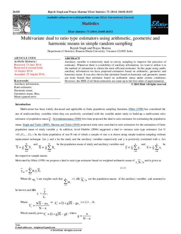 (PDF) Multivariate dual to ratio type estimators using arithmetic, geometric and harmonic means ...