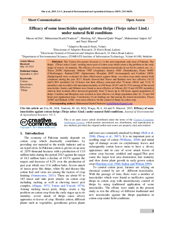 (PDF) Efficacy of some insecticides against cotton thrips (Thrips tabaci Lind.) under natural ...