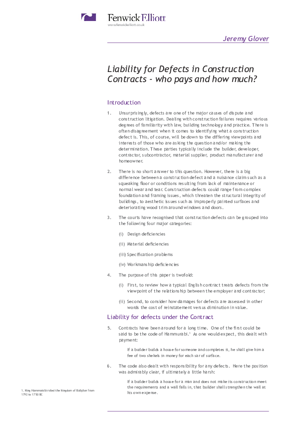 (PDF) Liability for Defects in Construction Contracts -who pays and how ...