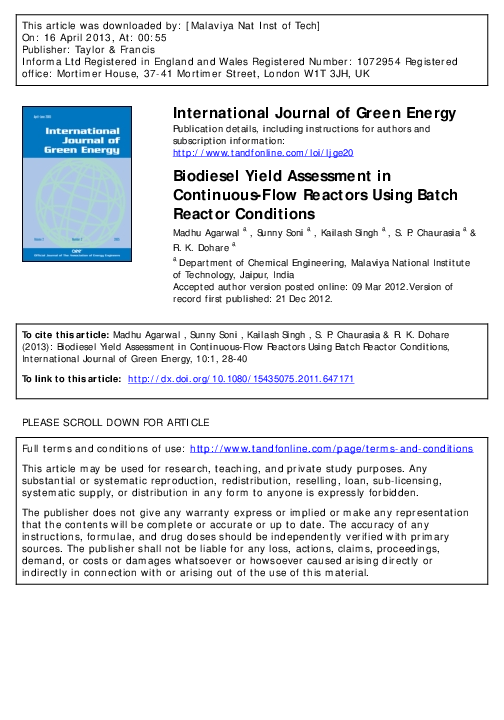 (PDF) Biodiesel Yield Assessment in Continuous Flow Reactors using ...