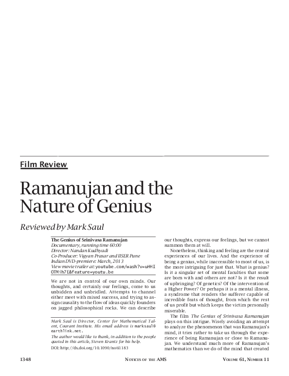 (PDF) Ramanujan and the Nature of Genius (Film Review)