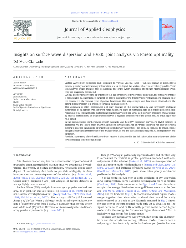 (PDF) Insights on surface wave dispersion and HVSR: Joint analysis via Pareto optimality