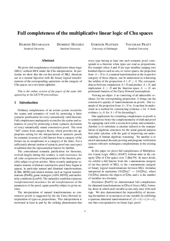 (PDF) Full completeness of the multiplicative linear logic of Chu spaces