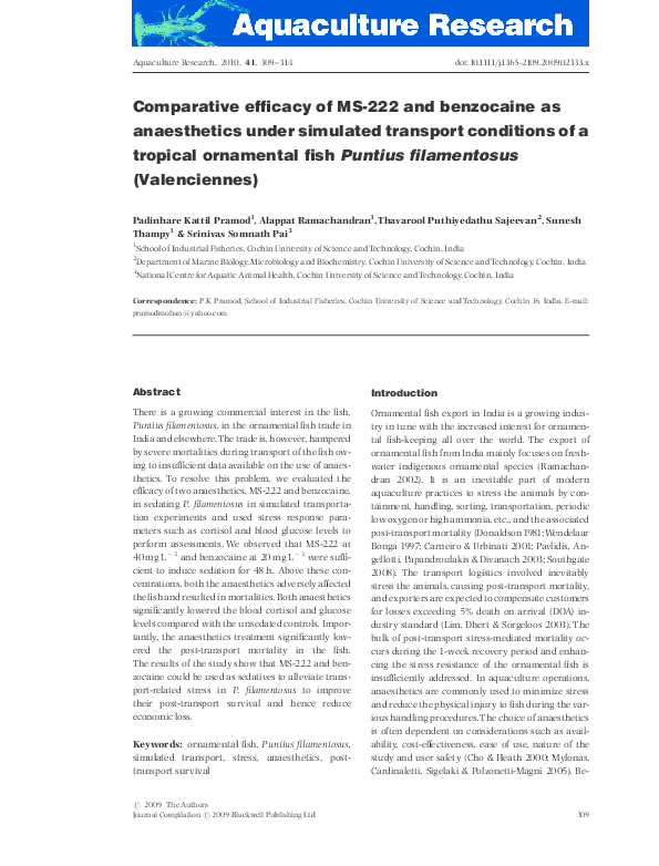 (PDF) Comparative efficacy of MS‐222 and benzocaine as anaesthetics ...