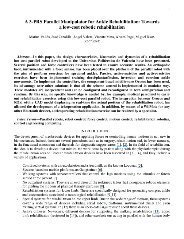 (PDF) A 3-PRS parallel manipulator for ankle rehabilitation: towards a low-cost robotic ...