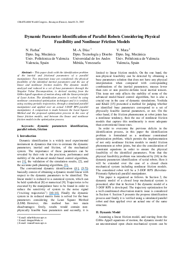 Pdf Dynamic Parameter Identification Of Parallel Robots Starting From The Measurement Of