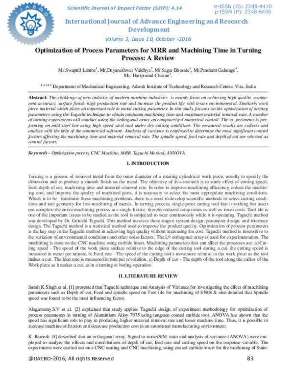 Pdf Optimization Of Process Parameters For Mrr And Machining Time In