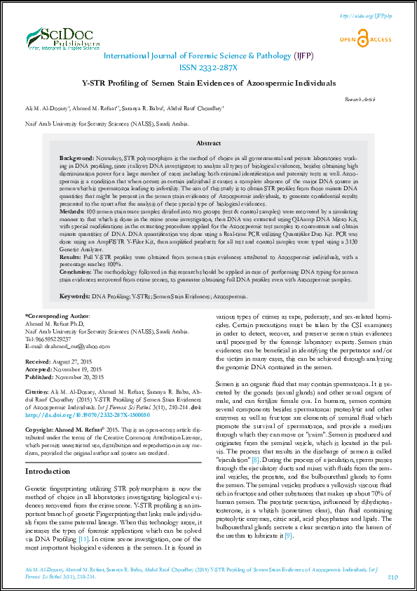 (PDF) Y-STR Profiling of Semen Stain Evidences of Azoospermic Individuals