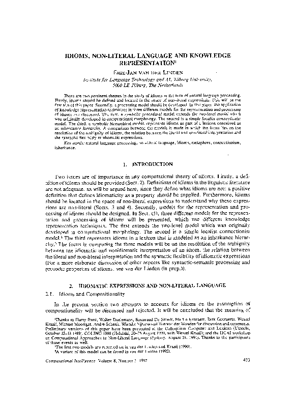 (PDF) Idioms, Non-Literal Language and Knowledge Representation