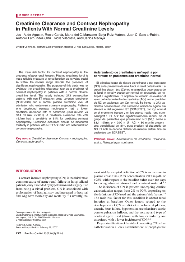 (PDF) [Creatinine clearance and contrast nephropathy in patients with ...