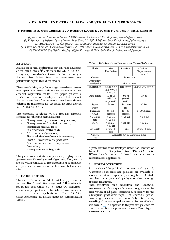 (PDF) First results of the ALOS PALSAR verification processor