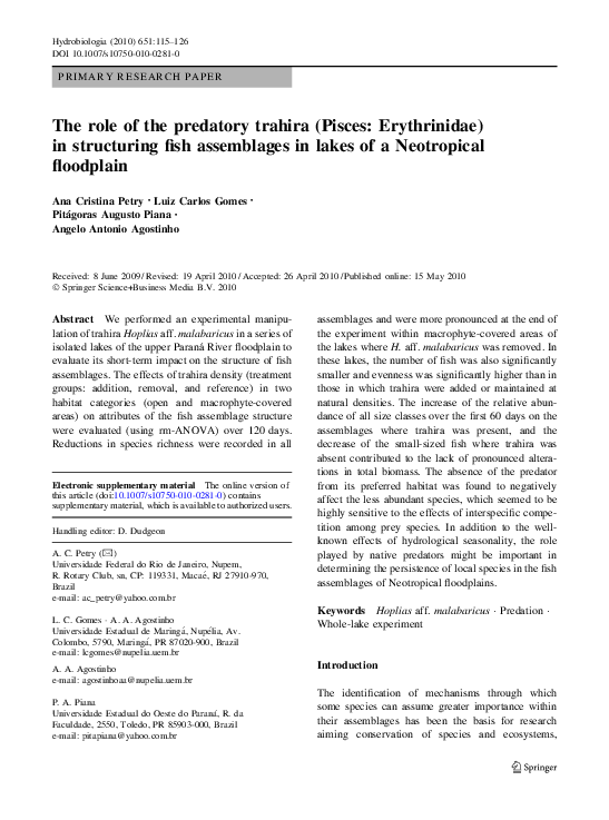 (PDF) The role of the predatory trahira (Pisces: Erythrinidae) in ...
