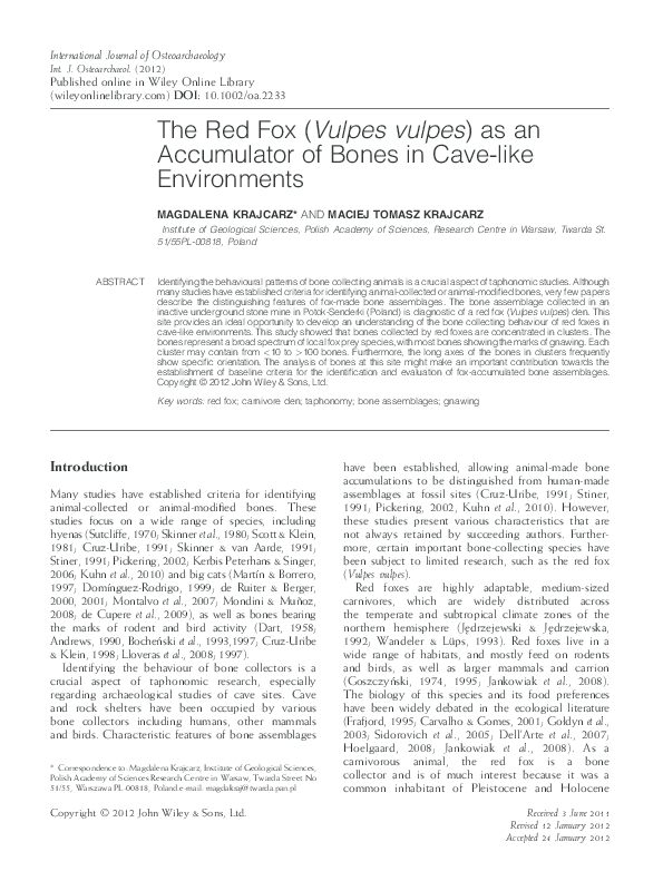 (PDF) The Red Fox (Vulpes vulpes) as an Accumulator of Bones in Cave ...