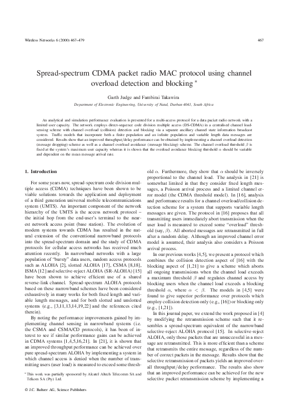 (PDF) Spread-spectrum CDMA packet radio MAC protocol using channel overload detection and blocking